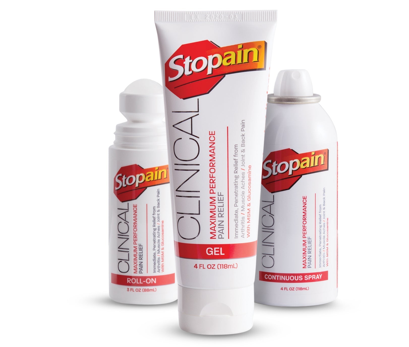 Stopain® Clinical Topical Pain Relief Gel Tube, Roll-On, & Spray ...